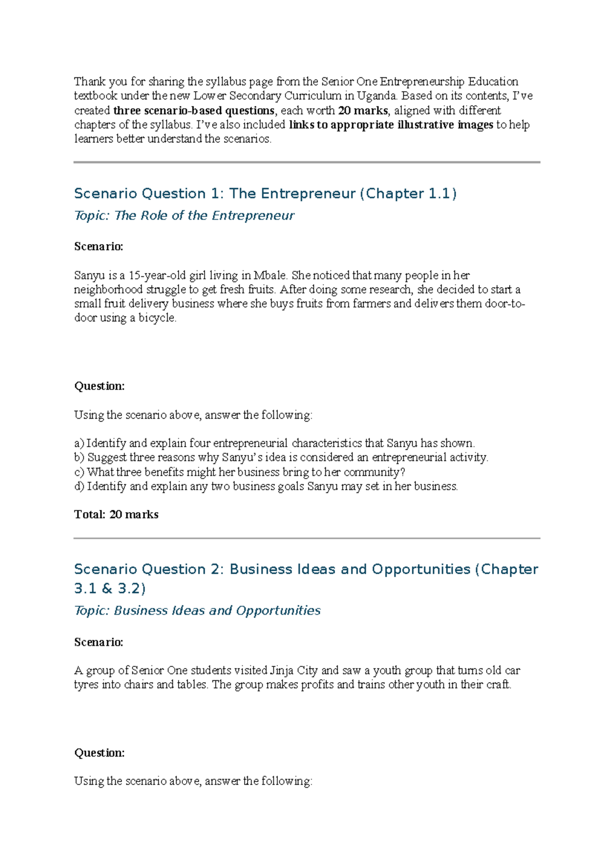 Senior Two Entrepreneurship Education Exam Questions (CBC) - Studocu