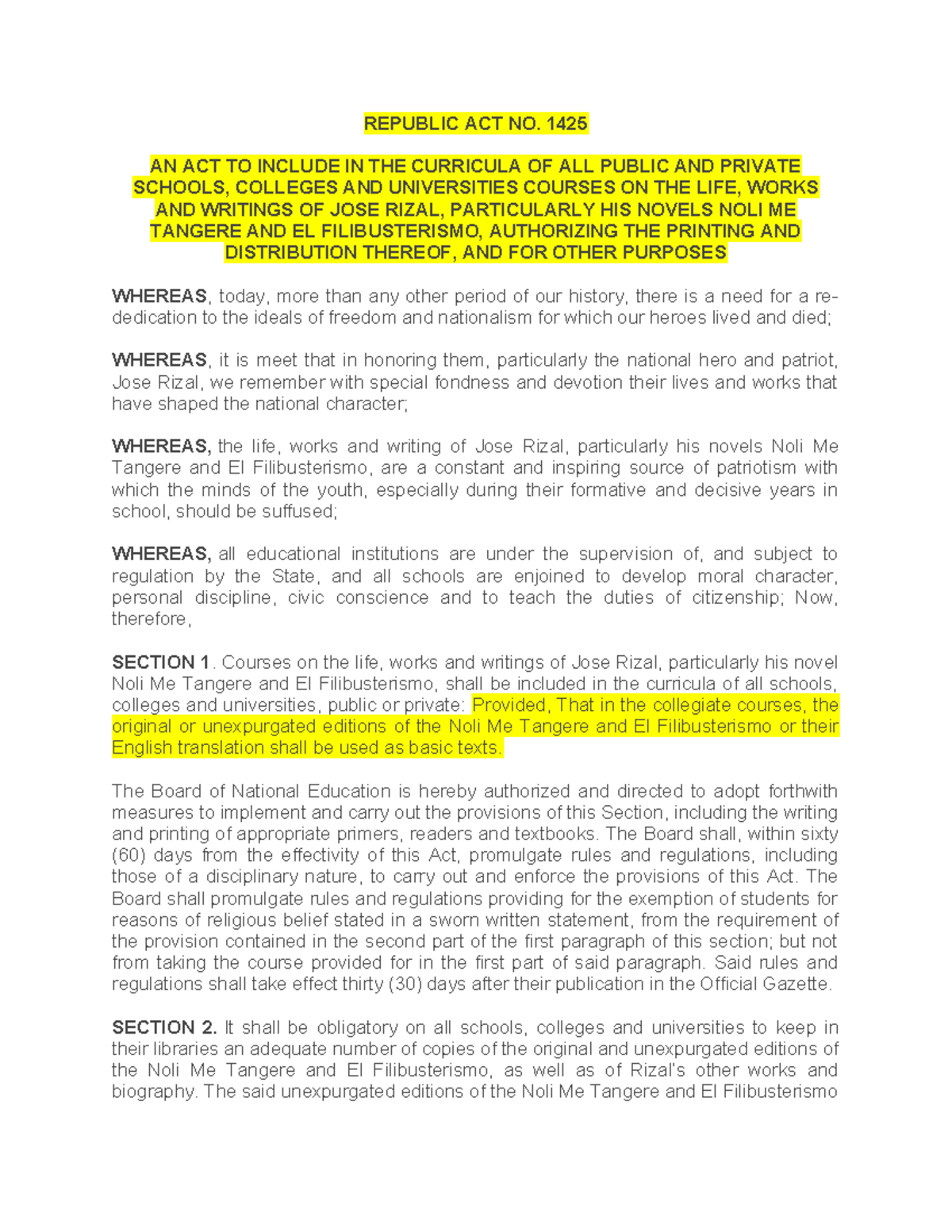 Republic Act No. 1425: Implementing the Rizal Law in Education - Studocu