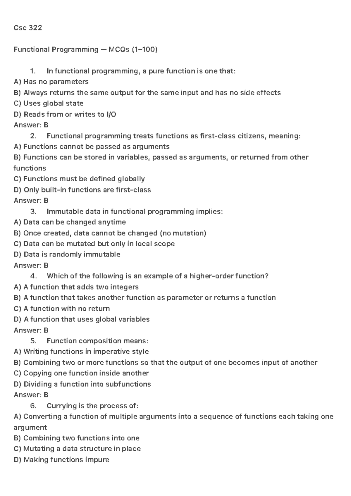 Csc 322 Functional Programming - MCQs Practice Questions - Studocu