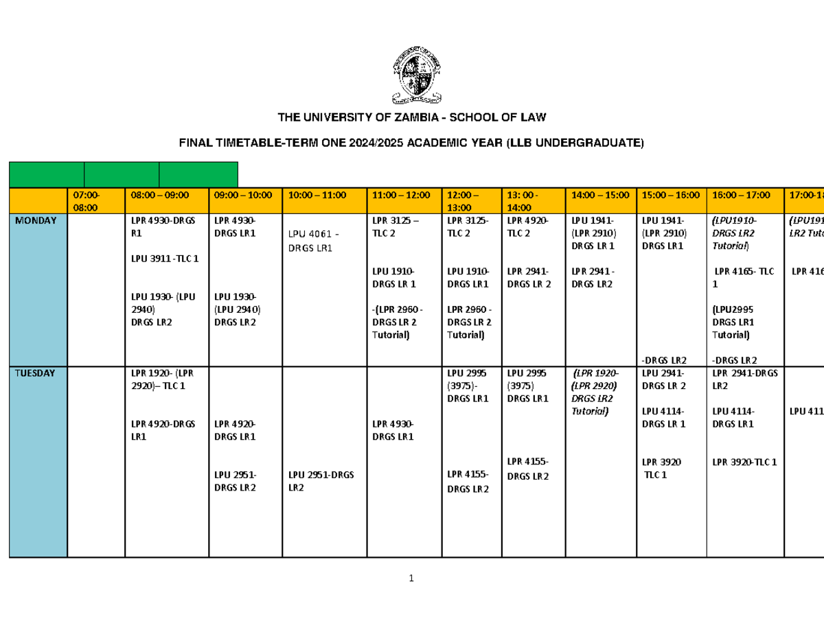 Final lecture timetable Term 1 2024 - 2025 Academic Year - FINAL TIMETABLE-TERM ONE 2024/2025 ...