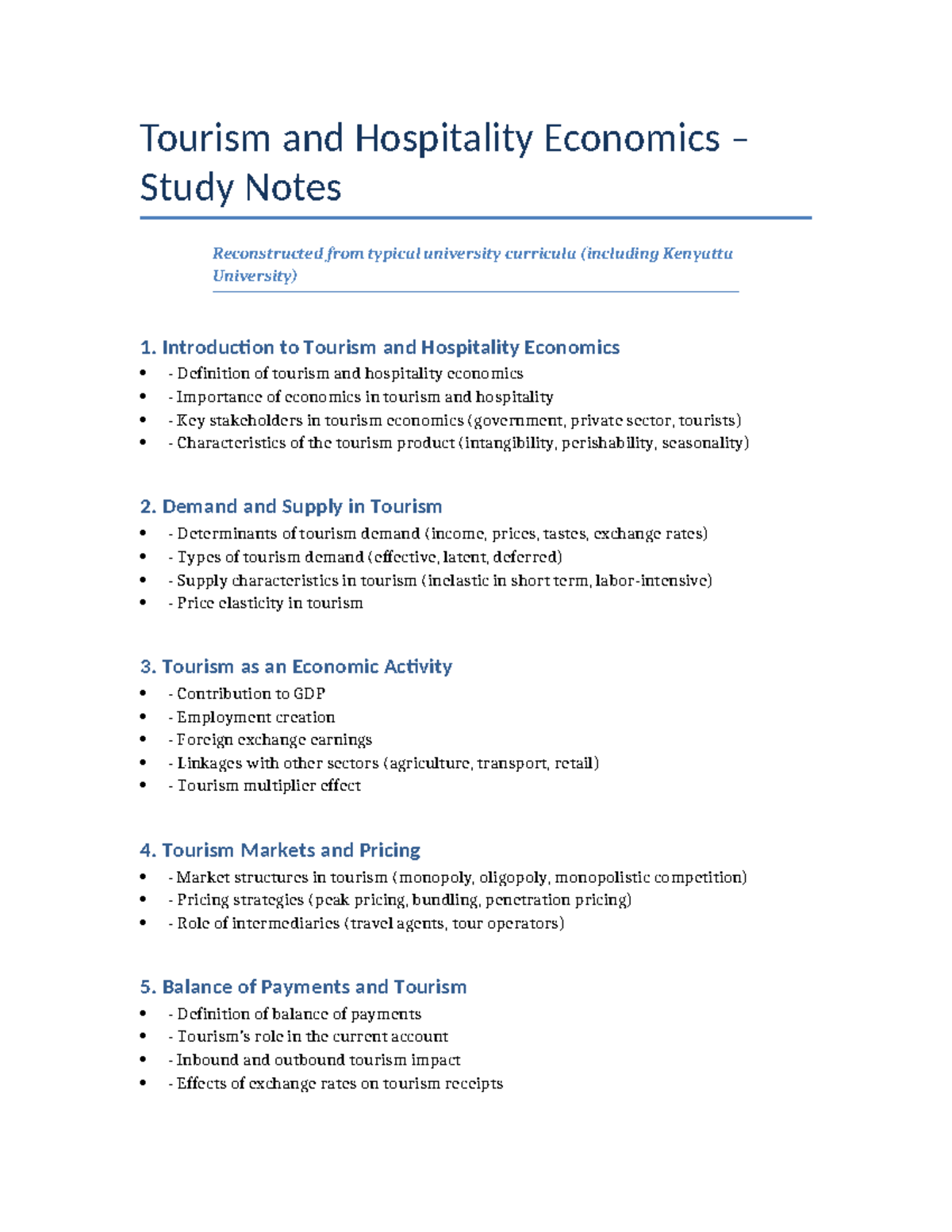 Tourism and Hospitality Economics Study Notes (TH 101) - Studocu