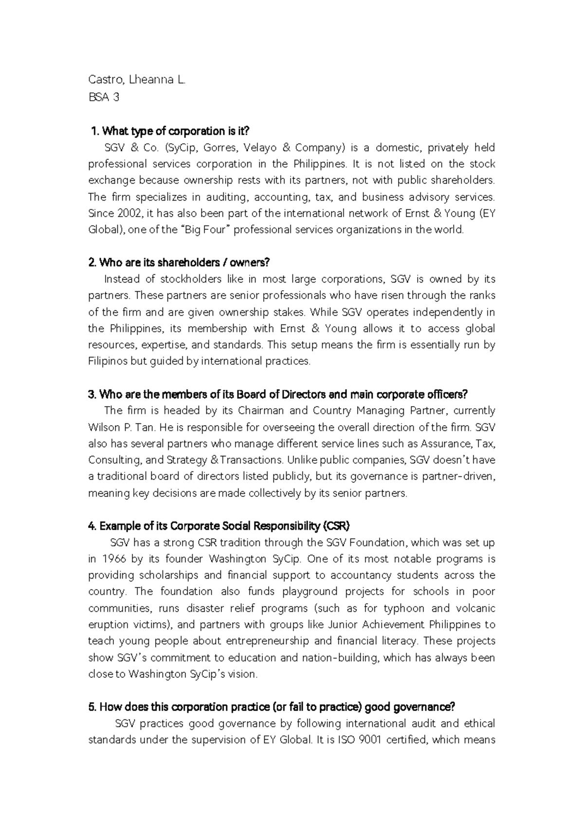 BSA 303 Activity 2: Analysis of SGV Co. Corporate Structure and ...