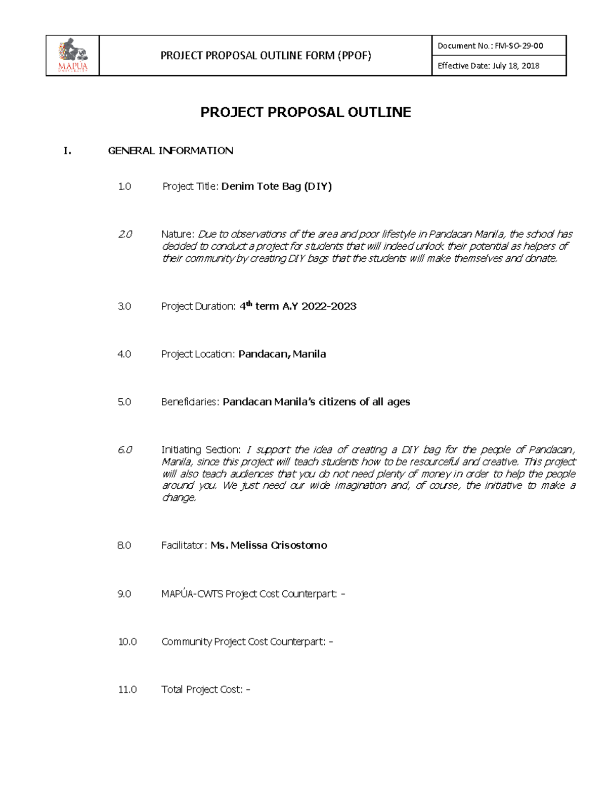 CWTS103 DIY Bag Project Proposal for Pandacan Community - Studocu