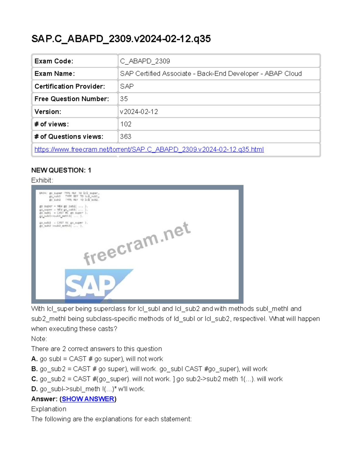 SAP.C_ABAPD_2309.v2024-02-12.q - Exam Questions and Answers for ABAP Cloud - Studocu