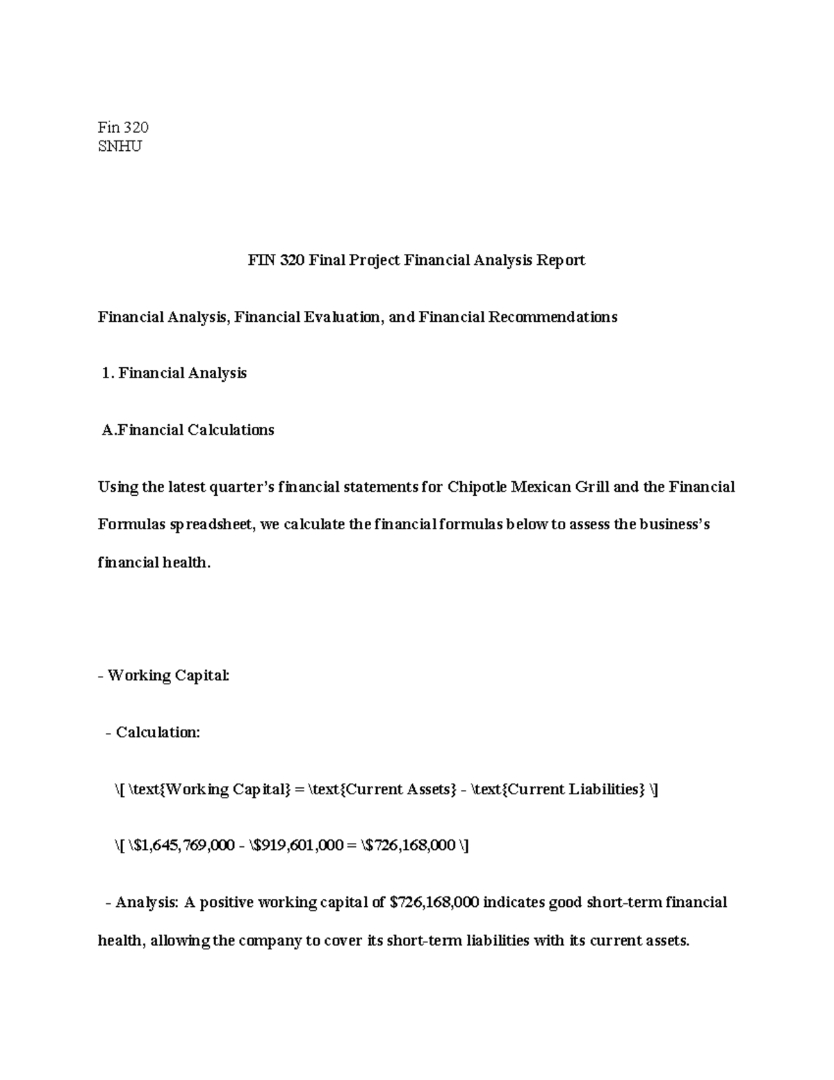 Fin 320 - Final Project: Financial Analysis Report of Chipotle - Studocu