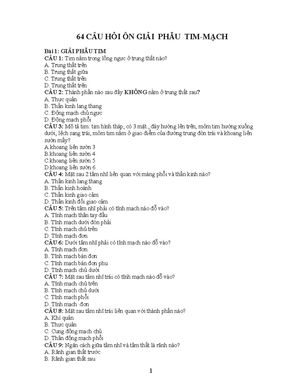 64-TIM-no - Giải phẫu đại cương - 64 CÂU HỎI ÔN GIẢI PHẪU TIM-MẠCH Bài ...