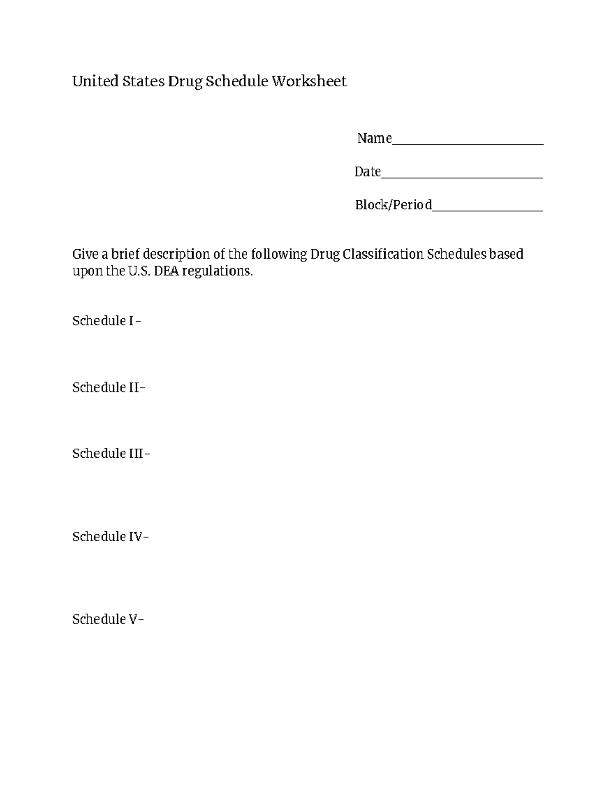 U.S. Drug Schedule Worksheet: Classification of Substances - Studocu