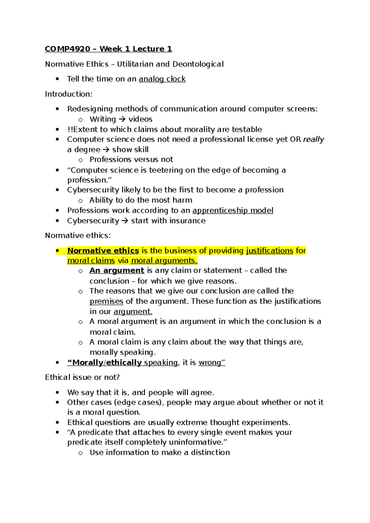 COMP4920 W1C1 - Lecture 1: Normative Ethics Overview - Studocu