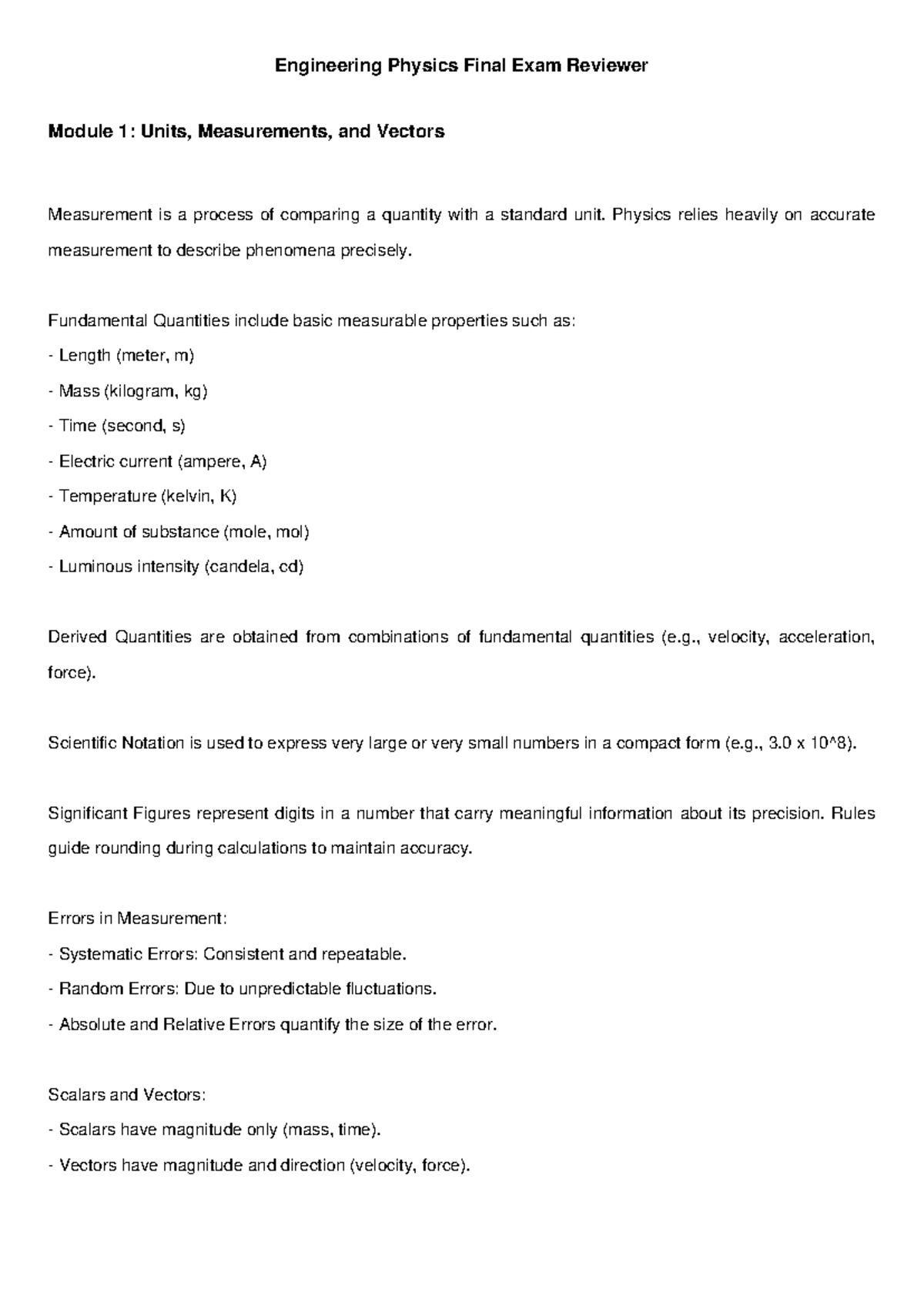 Engineering Physics (ENGR 101) Final Exam Reviewer: Key Concepts and ...