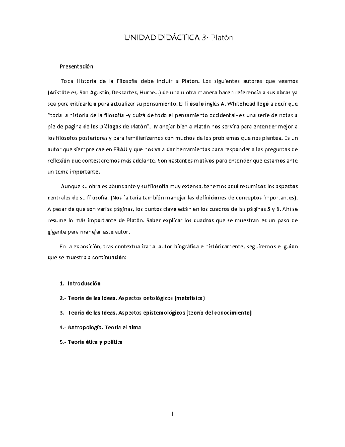 UNIDAD DIDÁCTICA: Apuntes sobre Platón y su Filosofía - Studocu