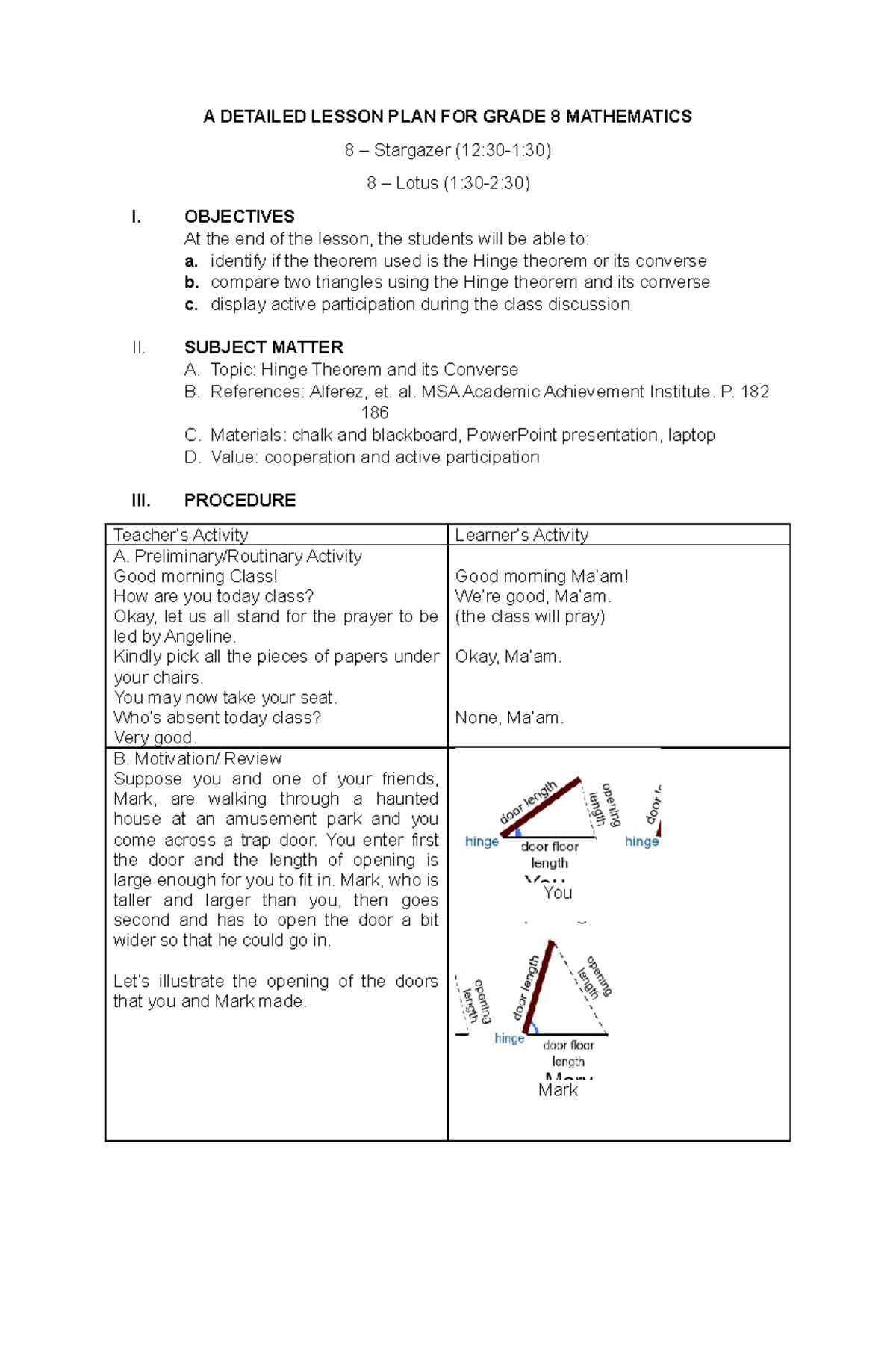 Lesson Plan: Hinge Theorem & Its Converse (Grade 8 Mathematics) - Studocu