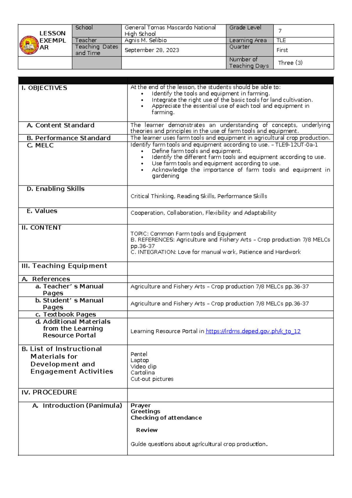 LE-Demo-g7 (First Quarter) - LESSON EXEMPL AR School General Tomas ...