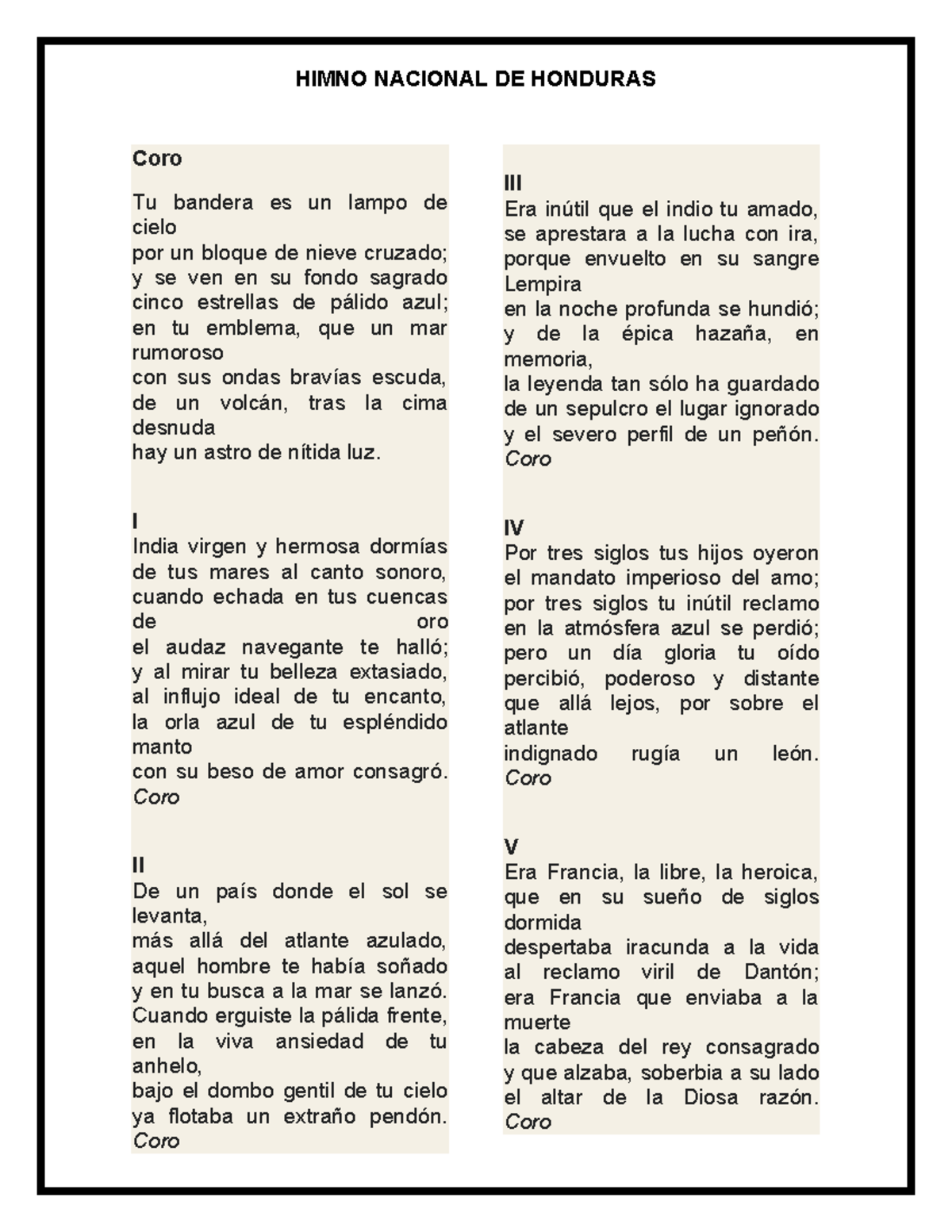 HIMNO NACIONAL DE HONDURAS: Letras y Significado - Studocu