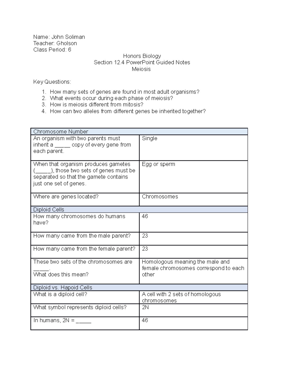 12.4 Guided Notes on Meiosis - Honors Biology Insights - Studocu