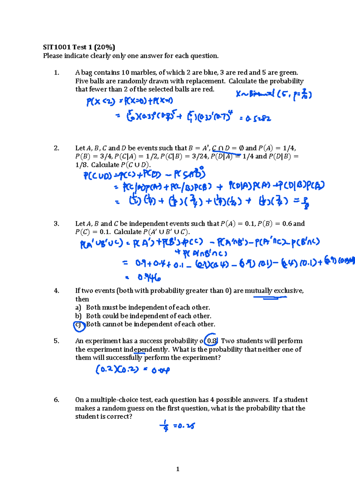 SIT1001 Statistics & Probability Test 1 Questions & Solutions - Studocu