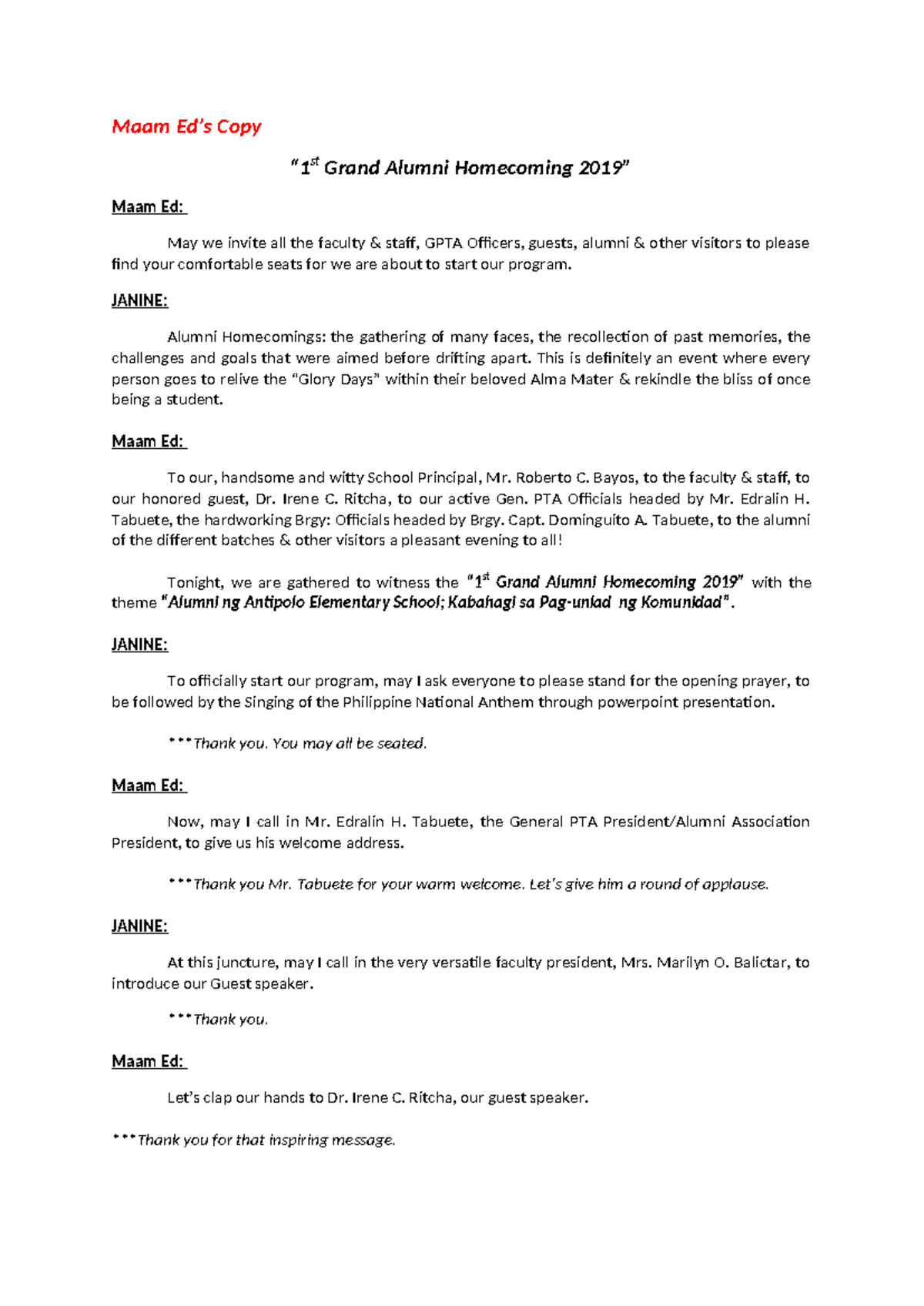 1st Grand Alumni Homecoming 2019 Script - Studocu