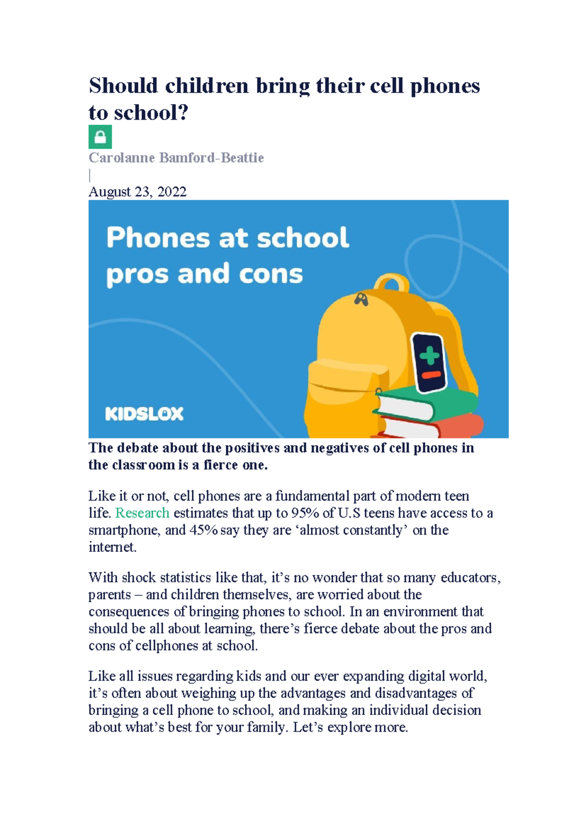 The Pros and Cons of Children Bringing Cell Phones to School - Studocu