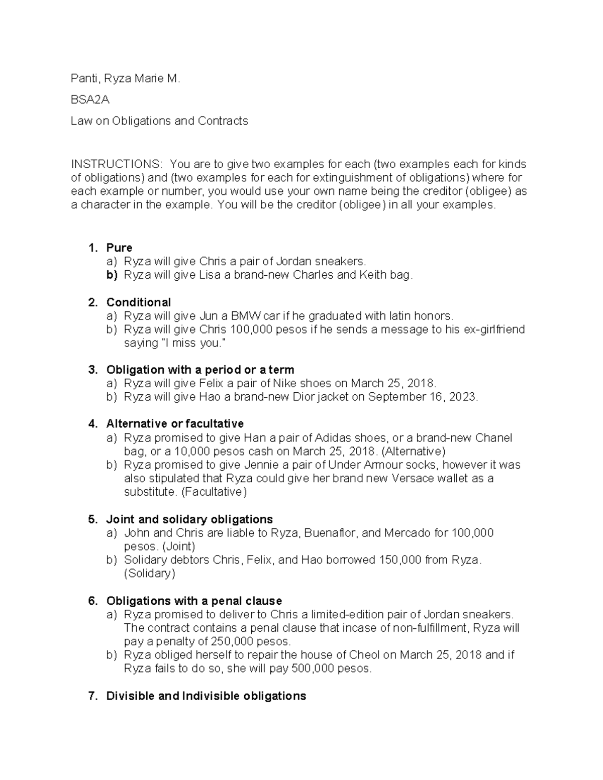 Oblicon BSA2A: Notes on Obligations & Contracts Examples - Studocu