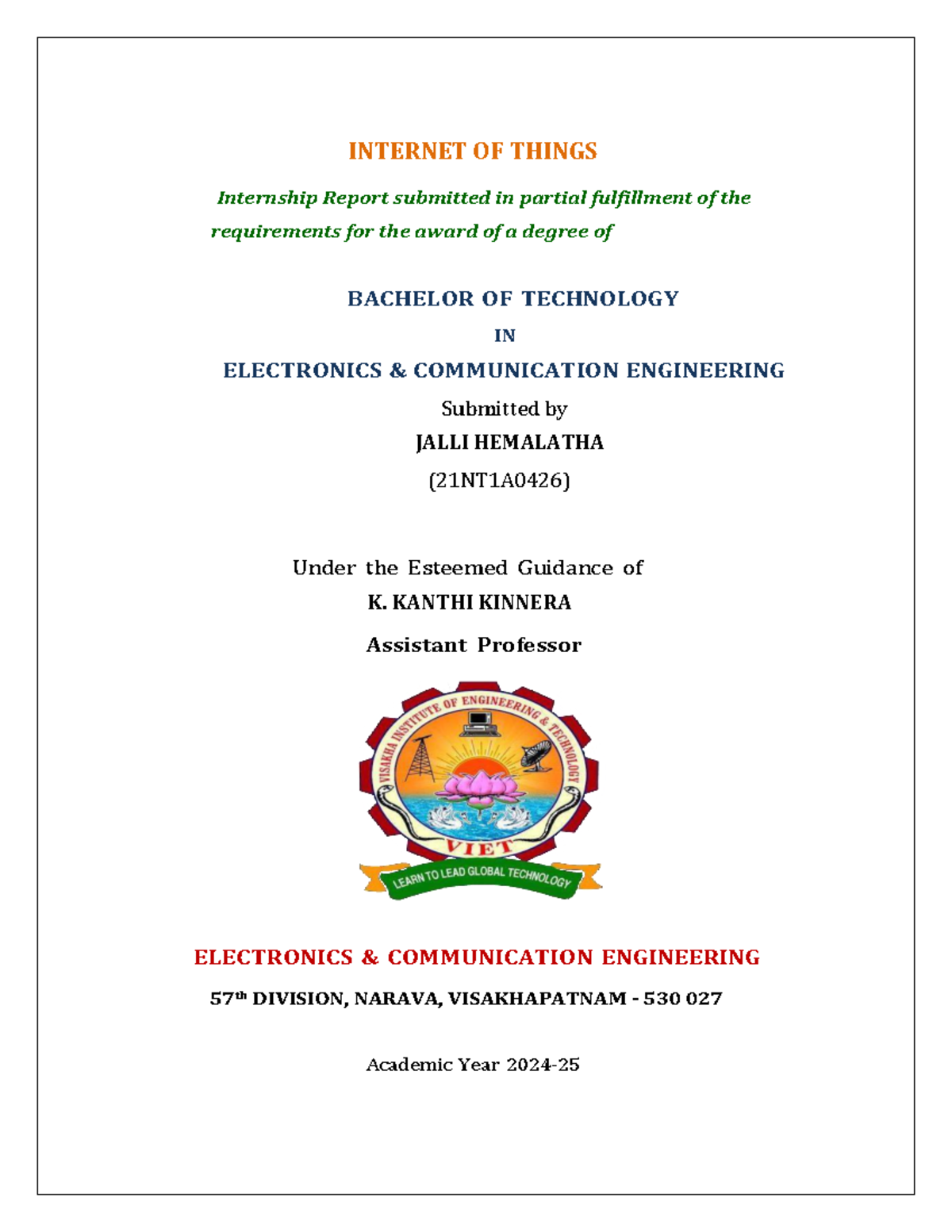 INTERNET OF THINGS (IoT) Internship Report - B.Tech ECE 2025 - Studocu