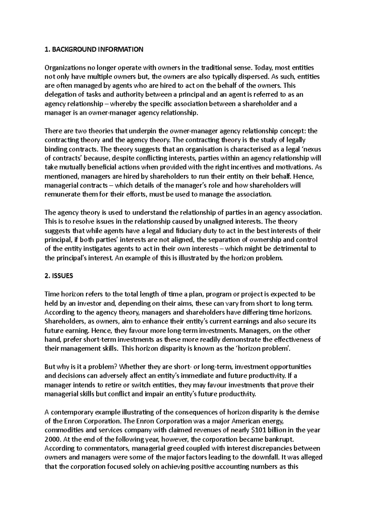 Owner-Manager Agency Relationships: The Horizon Problem - 1. BACKGROUND ...