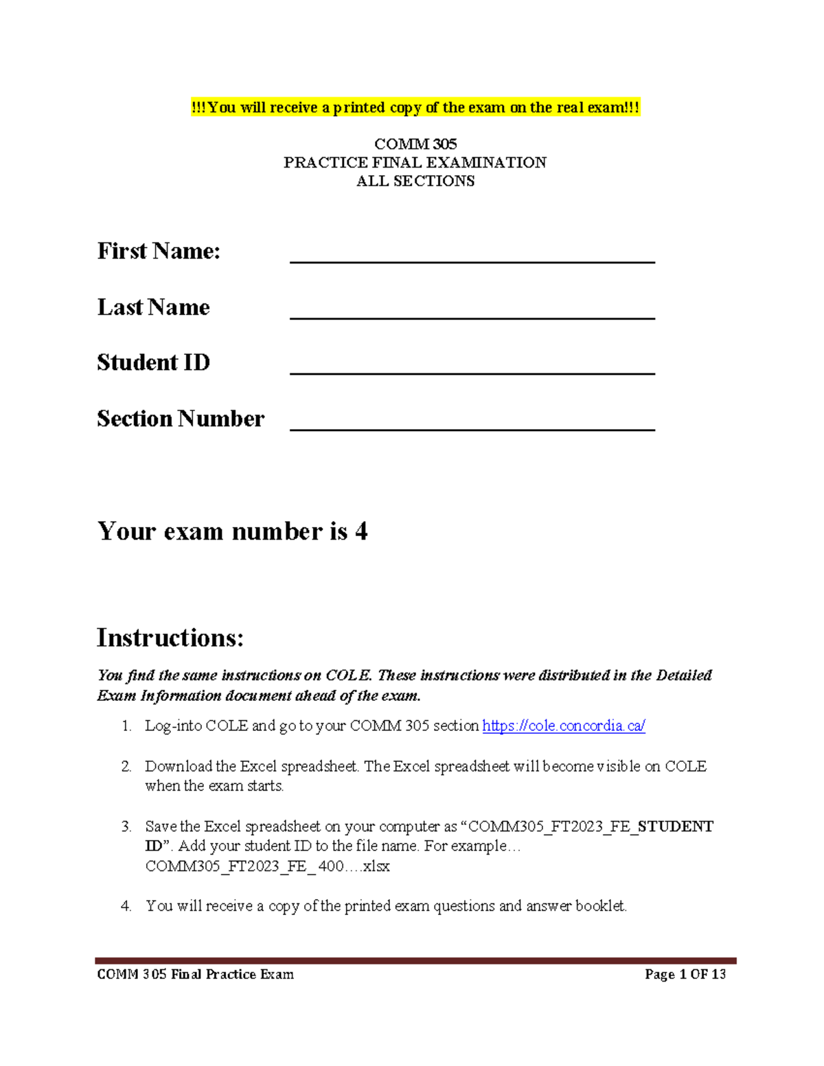 COMM305 FT2023 Practice Final Exam Guide and Instructions - Studocu