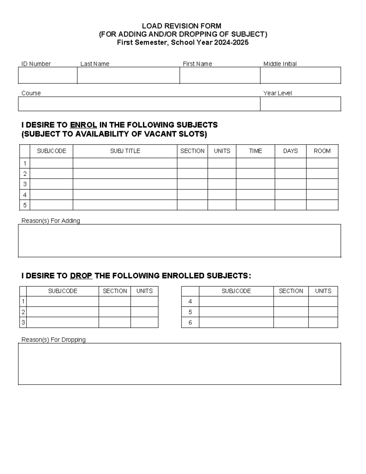 ADNU CRO Load Revision Form - LOAD REVISION FORM (FOR ADDING AND/OR ...