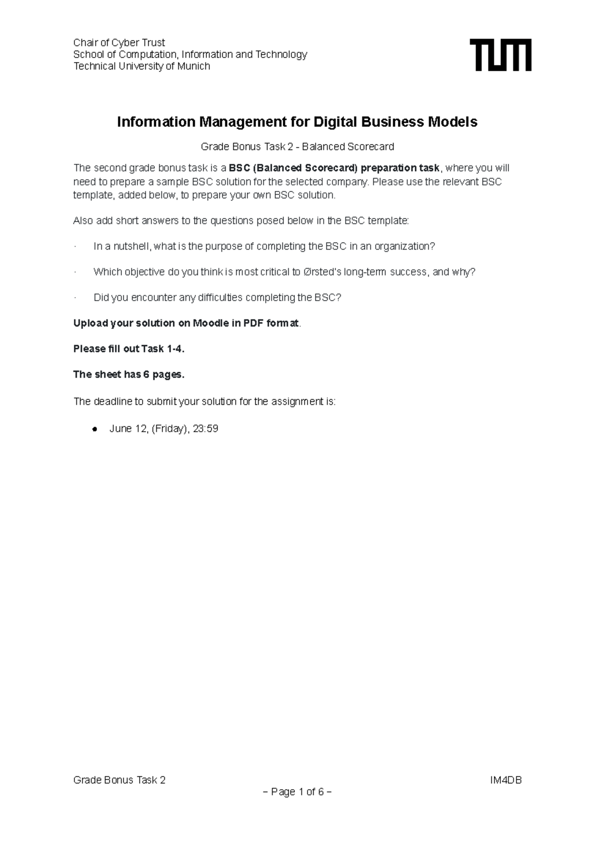 Grade Bonus Task 2: Balanced Scorecard for IM4DB - Studocu
