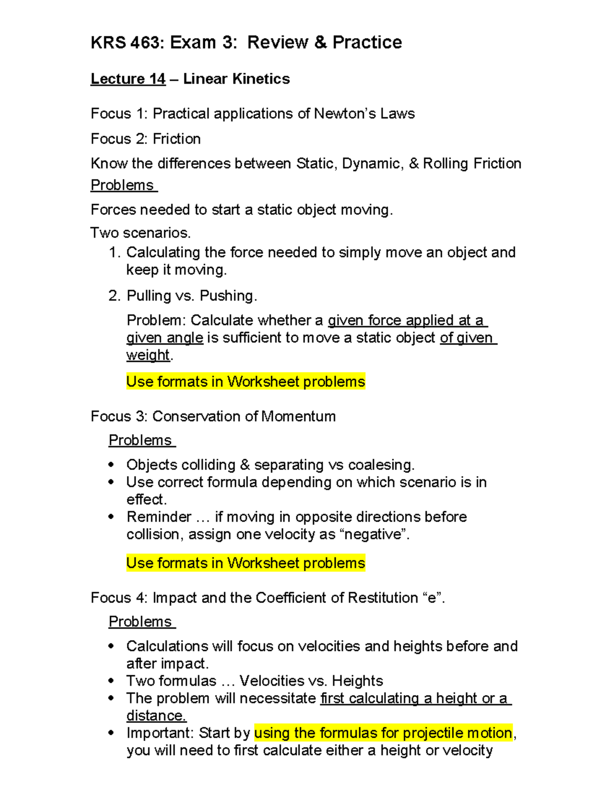 KRS 463: Exam 3 Review - Linear Kinetics & Practical Applications - Studocu