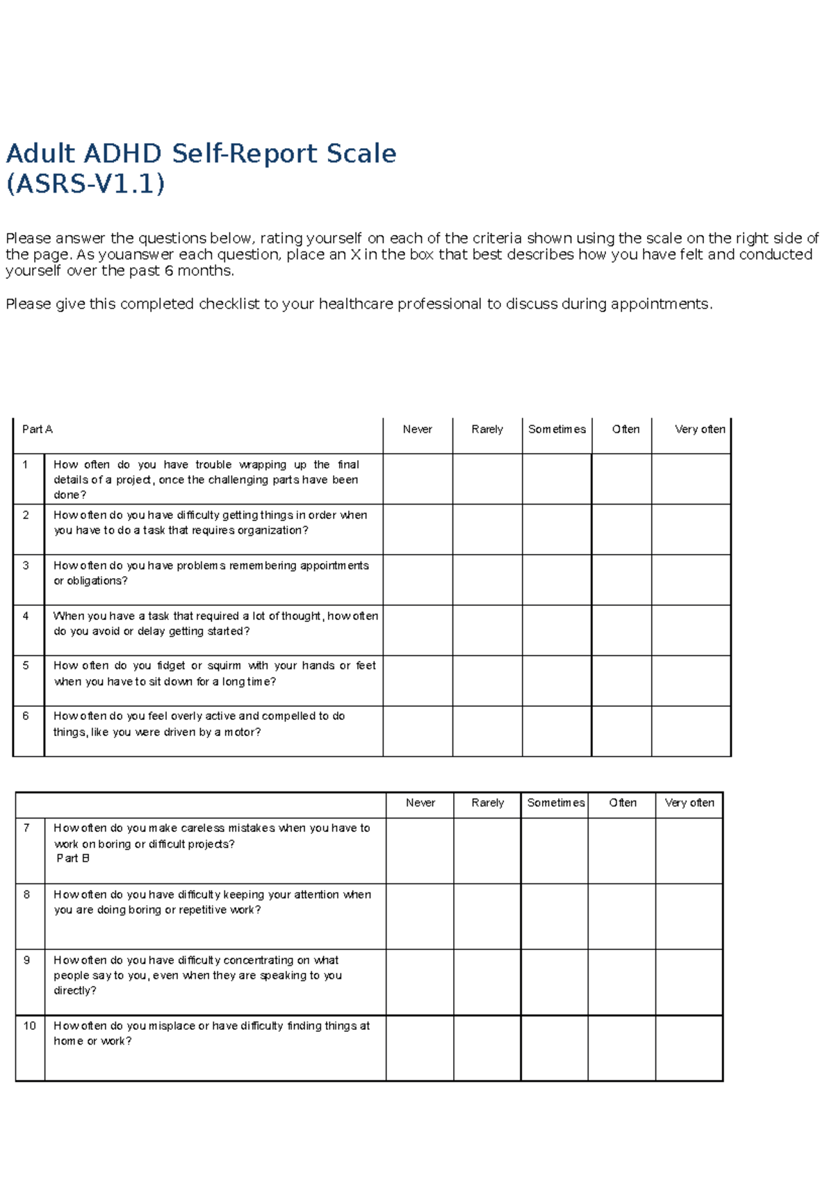 Adult ADHD scales - Psych - Adult ADHD Self-Report Scale (ASRS-V1 ...