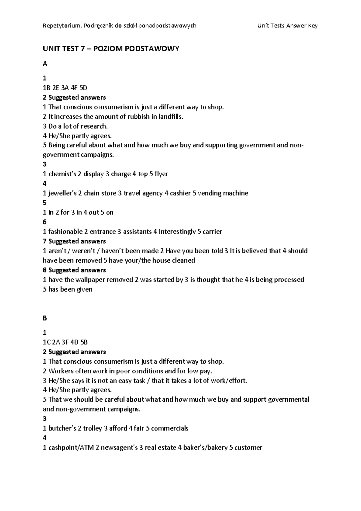 Repetytorium. Podręcznik do szkół ponadpodstawowych Unit Test Answer ...