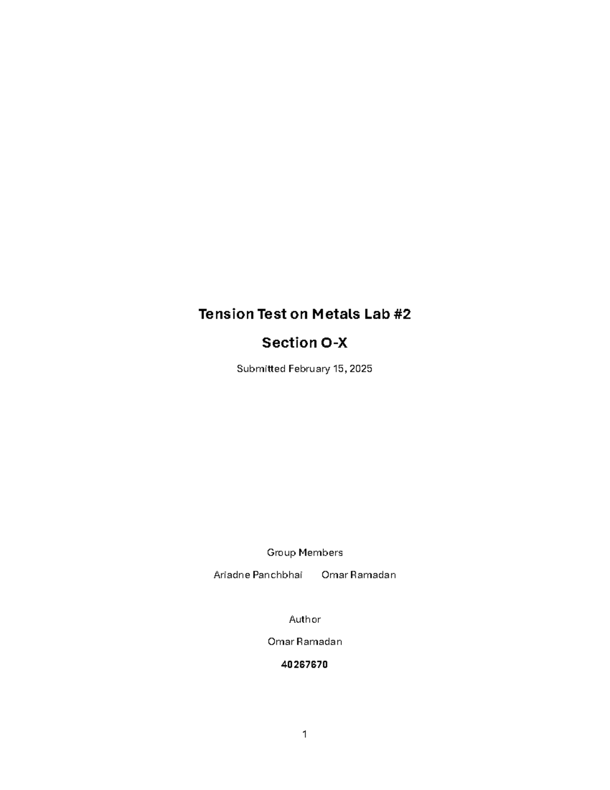 Tension Test Lab #2 - Tension Test on Metals Lab Section O-X Submitted ...
