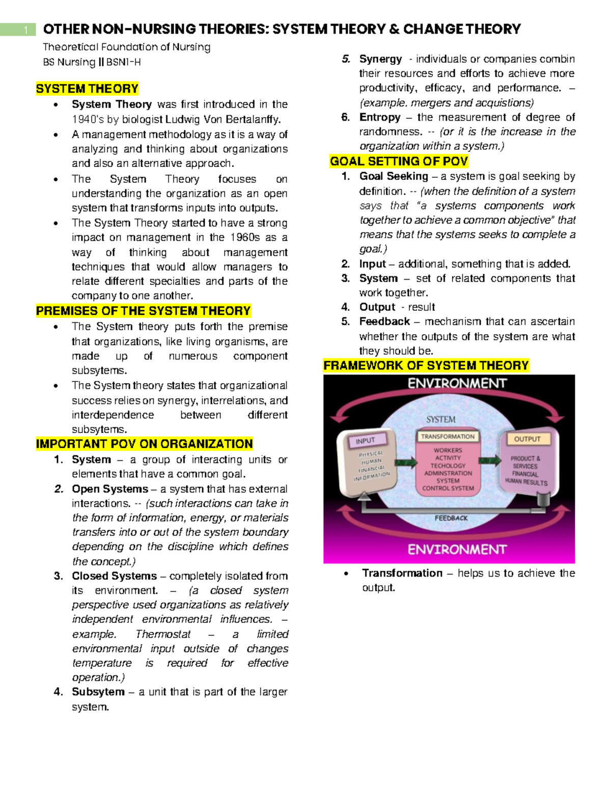 TFN Finals NON Nursing Theories 1: System & Change Theory Analysis ...