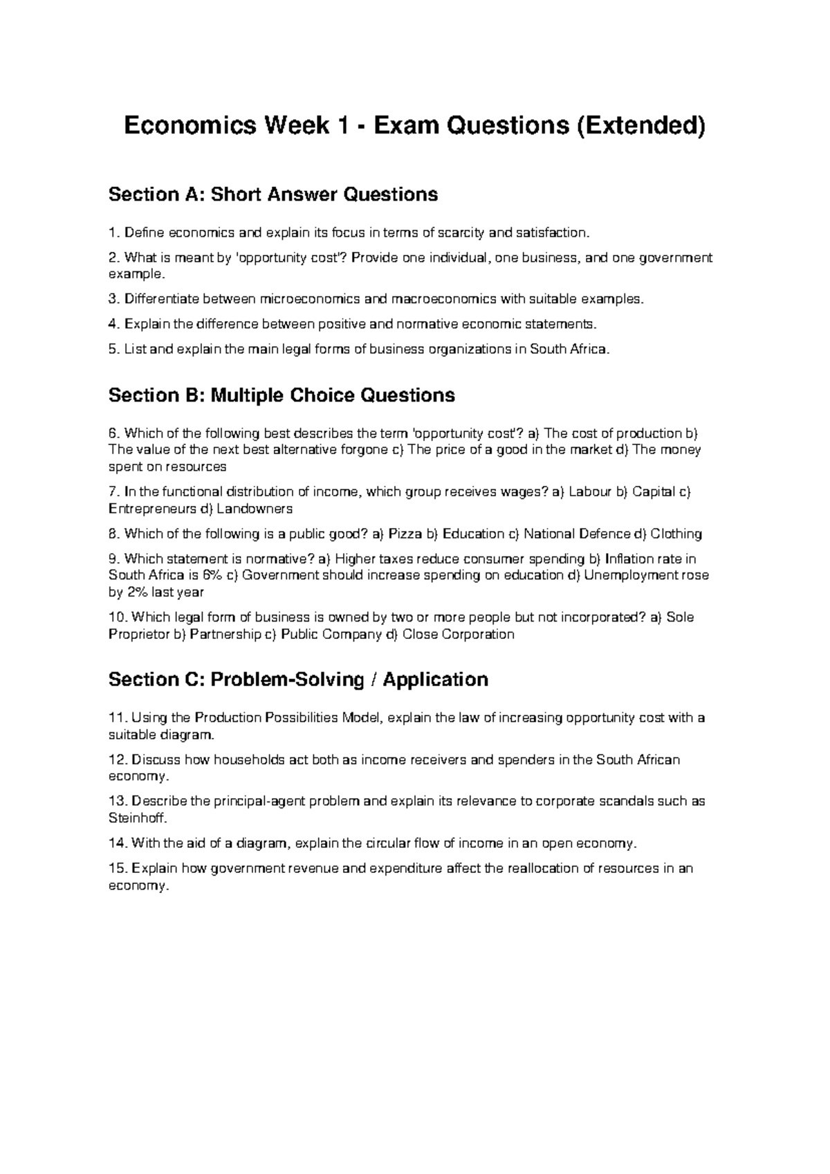 ECO 101 Week 1 Exam Questions: Short Answer & MCQs - Studocu