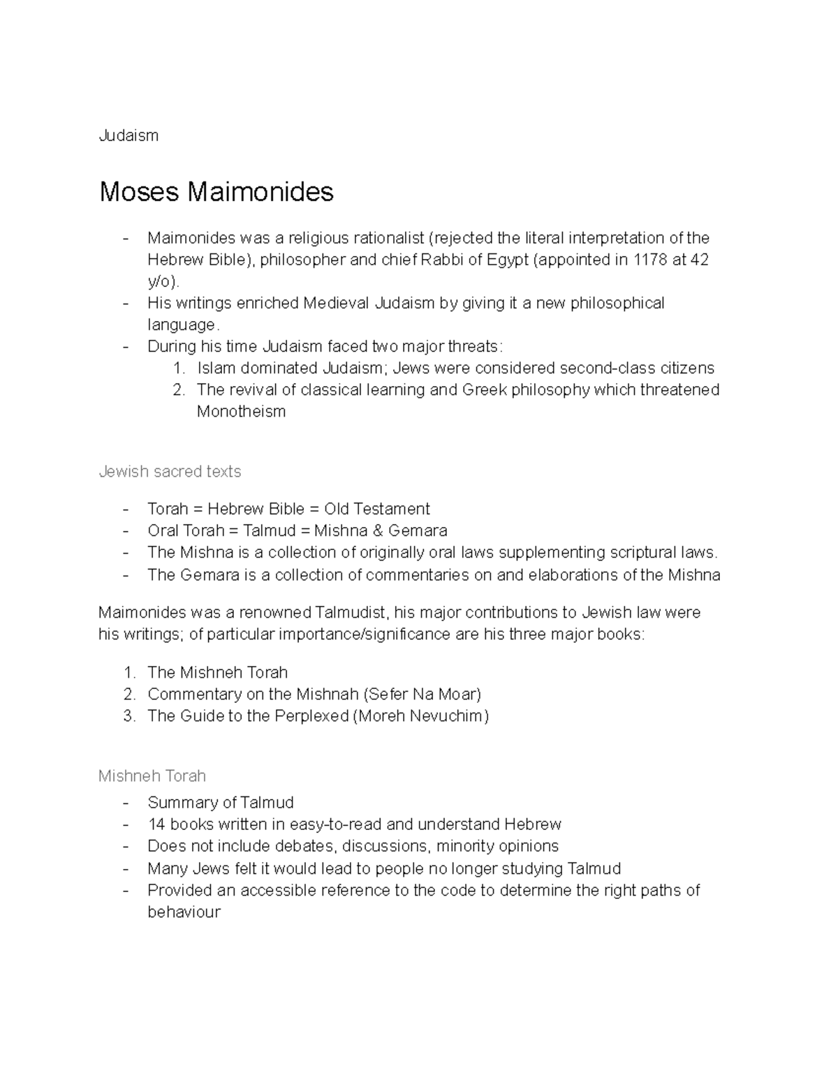 Judaism SOR 1 Notes: The Impact of Moses Maimonides on Jewish Thought ...