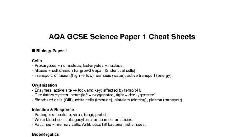 AQA GCSE Science Paper 1 Cheat Sheets: Biology & Chemistry Overview ...