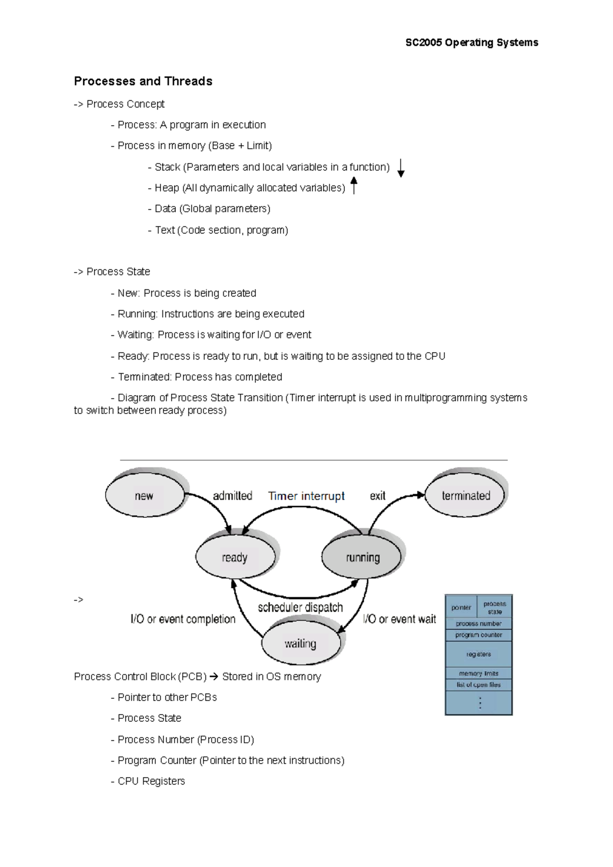 SC2005 Operating Systems Chapter 2 Summary: Processes and Threads - Studocu