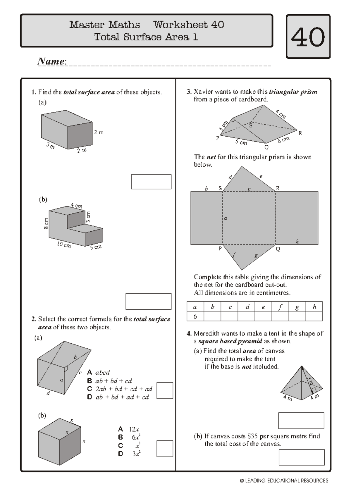 Mm9 40 Total Surface Area Worksheet: Triangular Prism & Tent - Studocu
