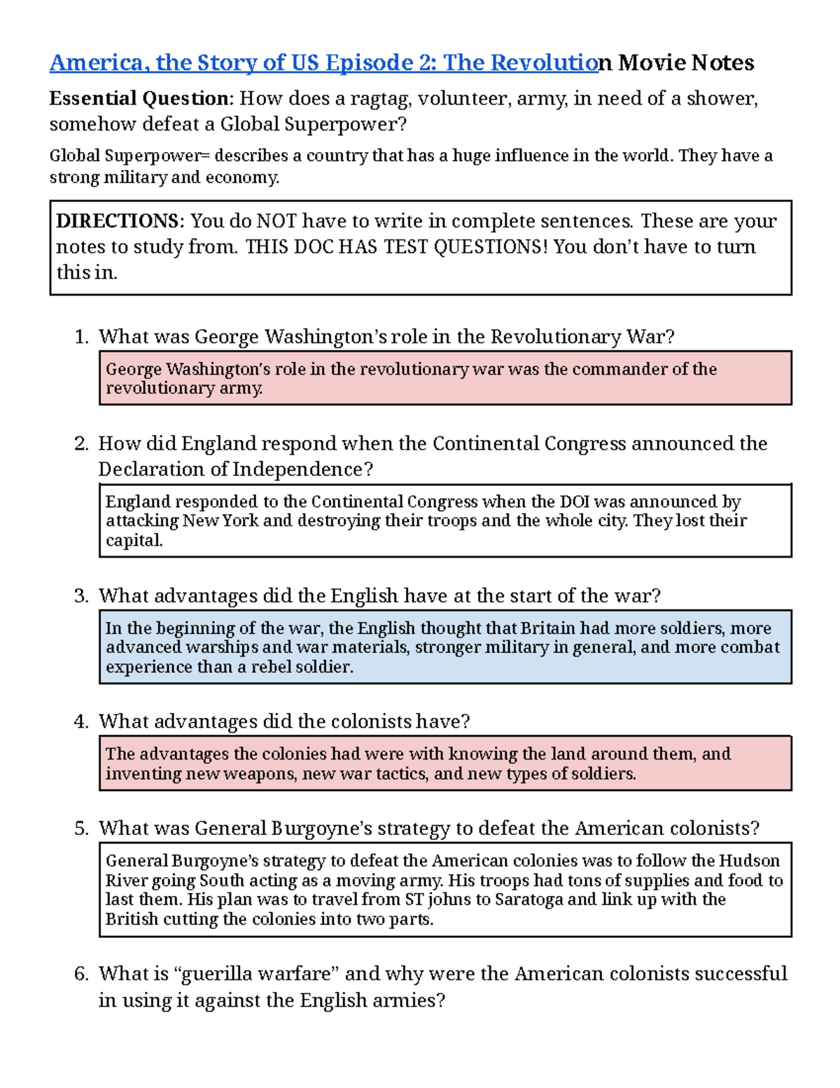 America, the Story of US Episode 2: The Revolution Study Notes - Studocu