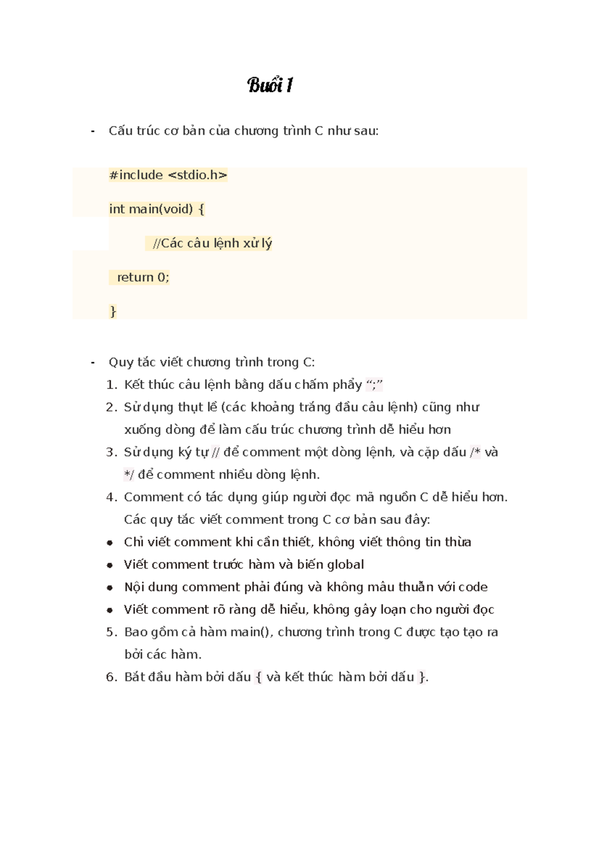 PRF192-BUOI1 - tai lieu prf - Buổi 1 Cấu trúc cơ bản của chương trình C như sau: #include int ...