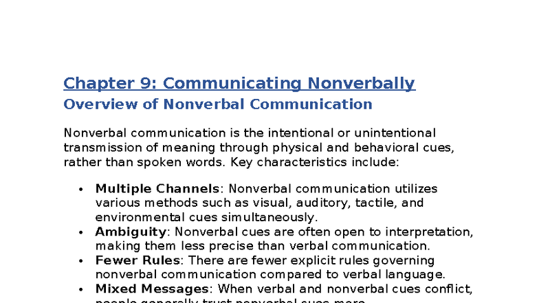 Chapter 9: Overview of Nonverbal Communication and Its Functions - Studocu
