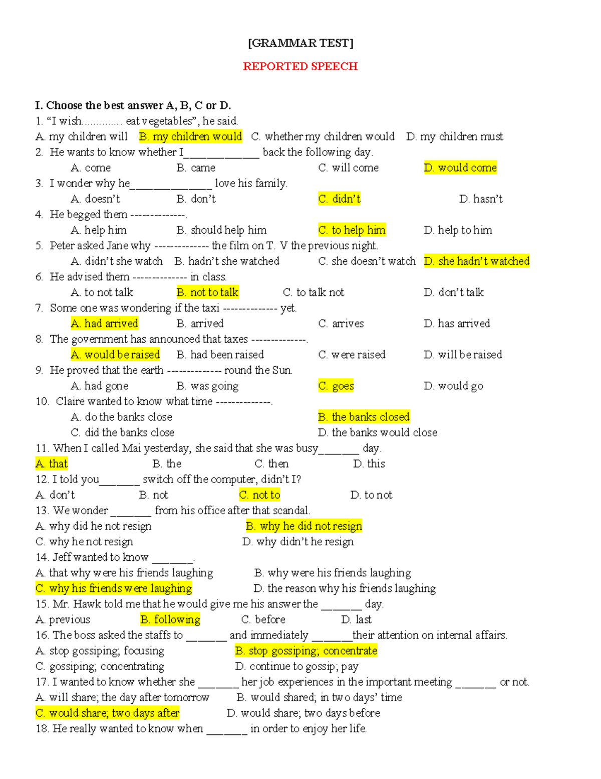Grammar TEST - Reported Speech Exercises and Answers - Studocu