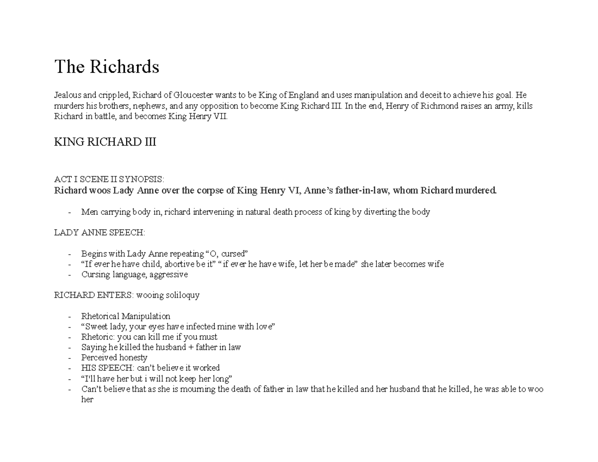 English Whole Year Study Notes: King Richard III Analysis and Synopsis ...