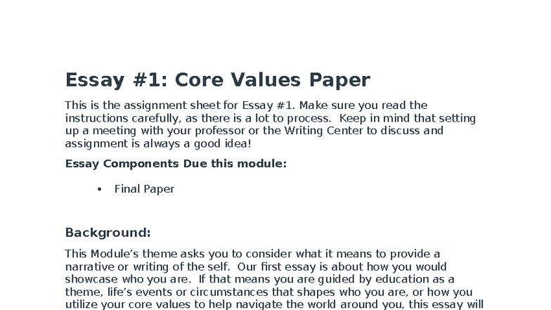 Personal Narrative Essay - Core Values Paper - ENGL 100 - Studocu