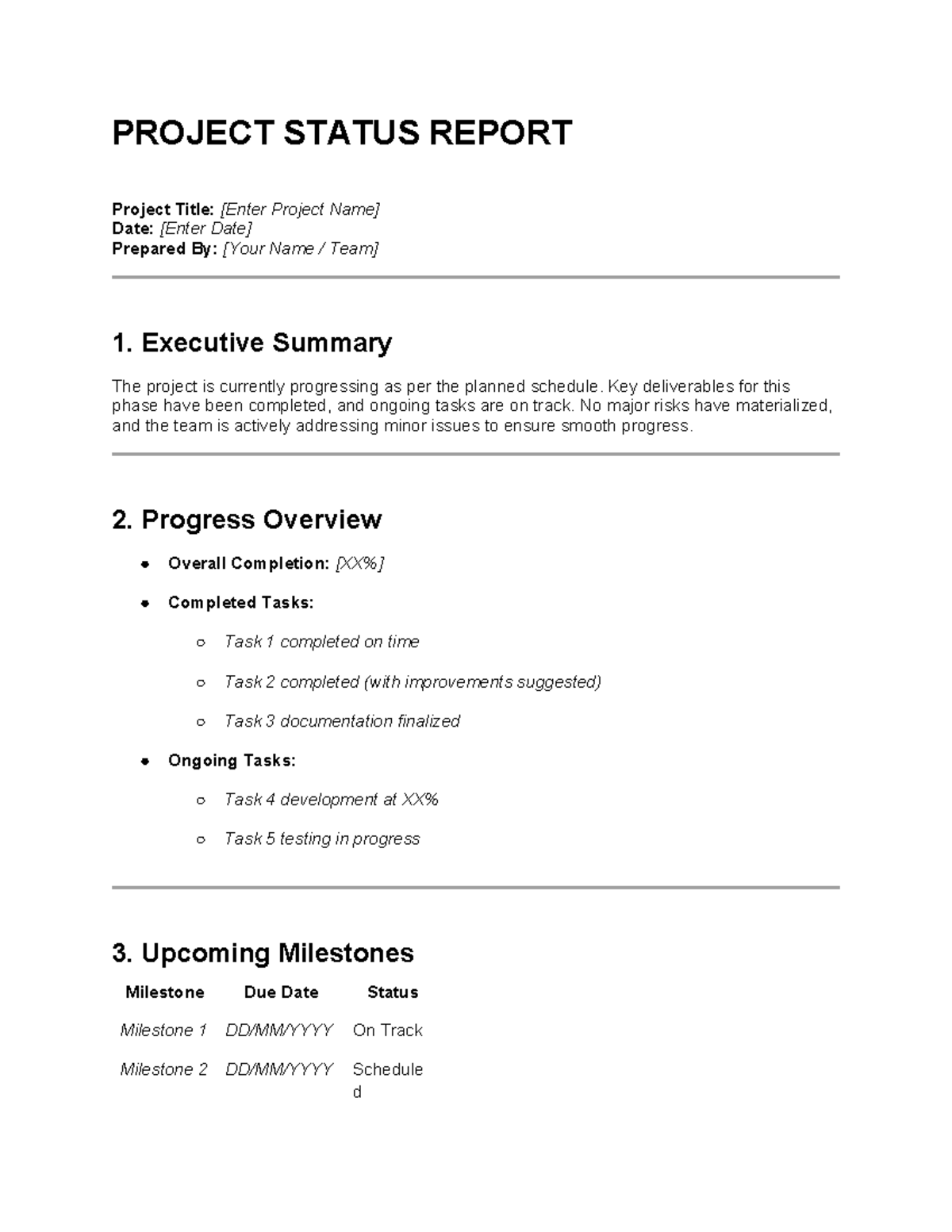 Project Status Report: Progress Overview and Milestones - Studocu