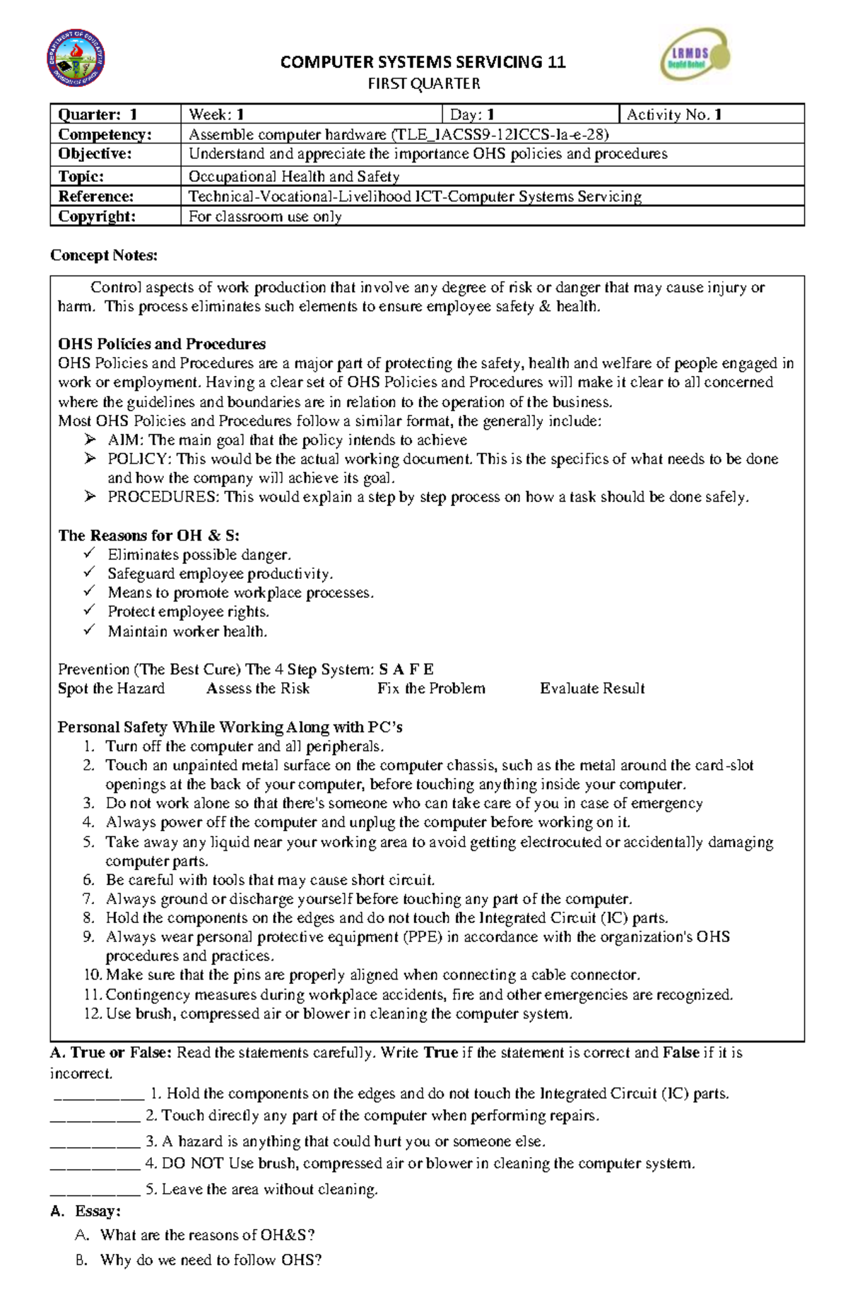 TLE TVL 9-12IA CSS Q1 WK1-4 Activity Notes and OHS Concepts - Studocu