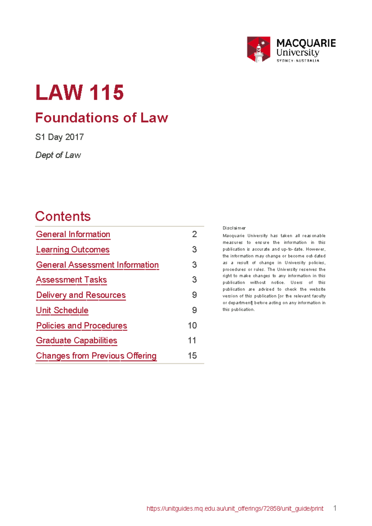 LAW 115 Foundations of Law Unit Guide S1 2017 - Assessment & Learning ...