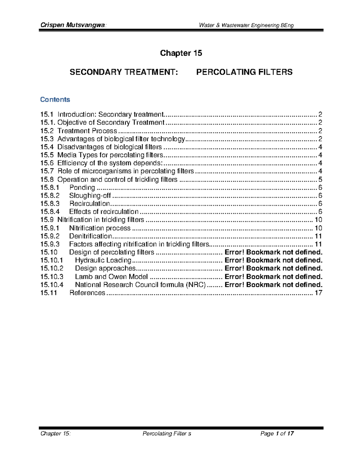 Chapter 15 Percolating Filter - Chapter 15 SECONDARY TREATMENT ...