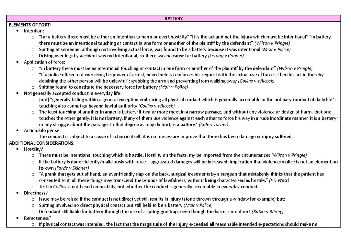 Tort law - battery and assault cheat sheet - The Law of Torts ...