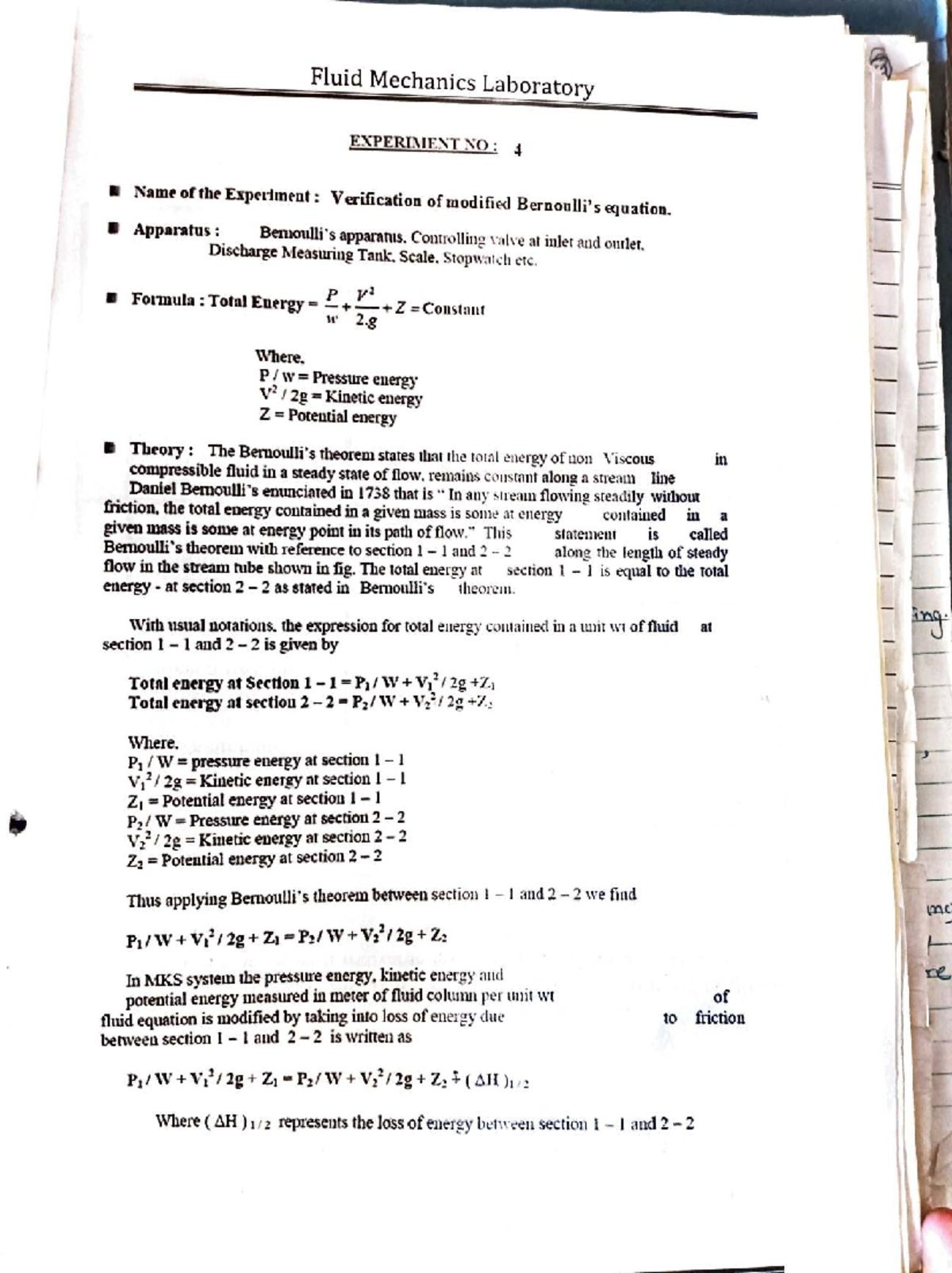 Fluid Mechanics Lab: Exp. 4 - Verification of Modified Energy Equation ...