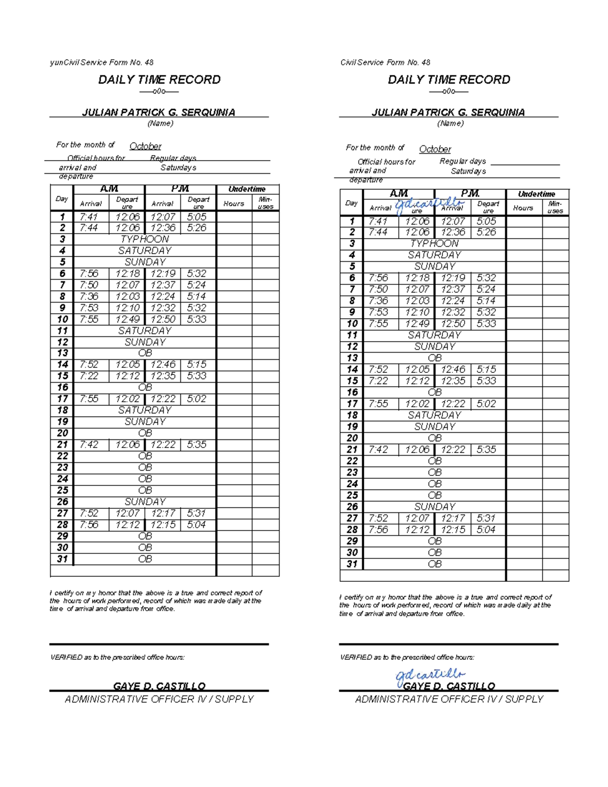 DTR Submission for Demo - Civil Service Form No. 48 - Studocu